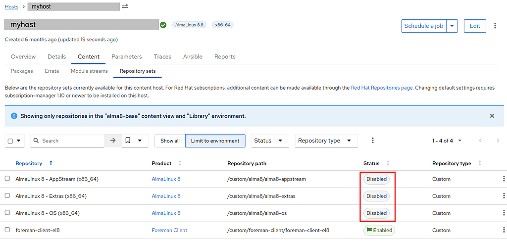 Repository sets disabled on all hosts subscribed to Content View ...